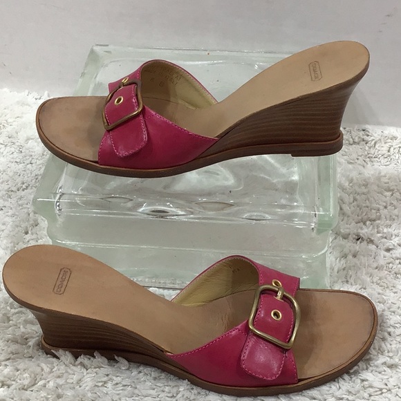 Coach | Shoes | Coach Pink Leather Wedge Sandals | Poshmark